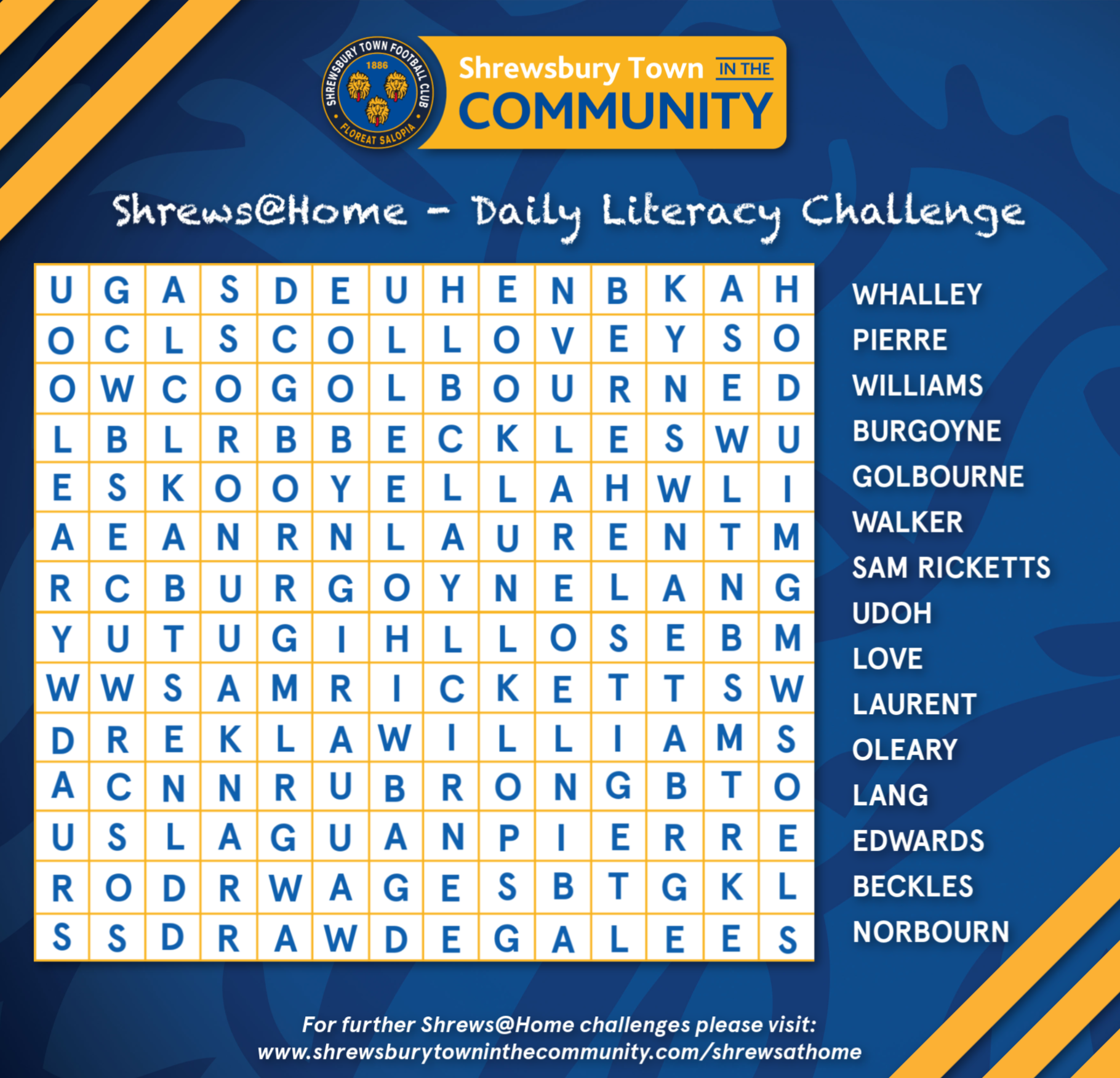 Literacy Challenge - Word Search - Players - Shrewsbury Town Foundation